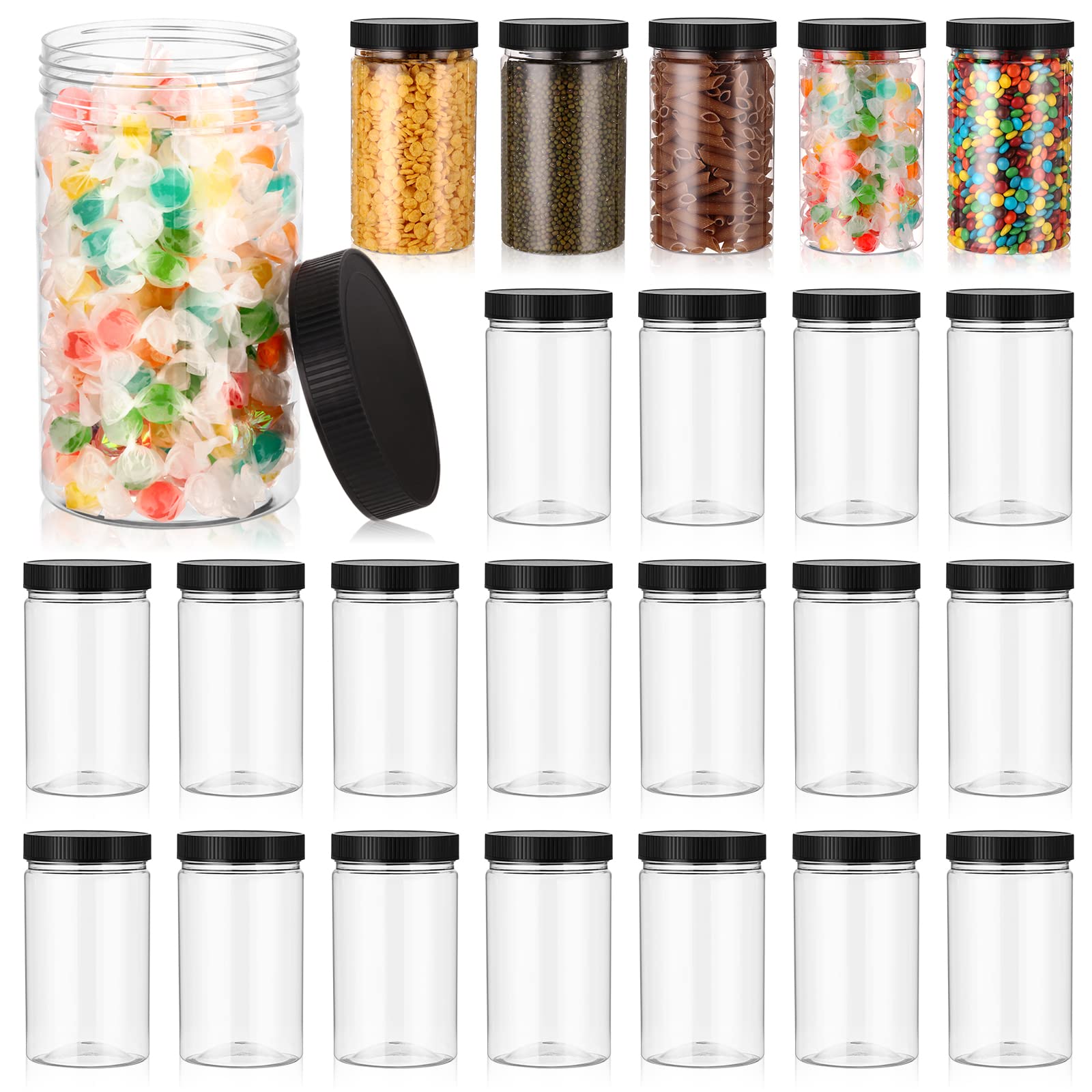 Sunnyray 24 Pieces 27 oz Clear Plastic Jars with Lids Airtight PET Plastic Containers Empty Wide Mouth Plastic Mason Jar with Black Screw on Lids for Food Kitchen Organizing Butter Cosmetics Cream