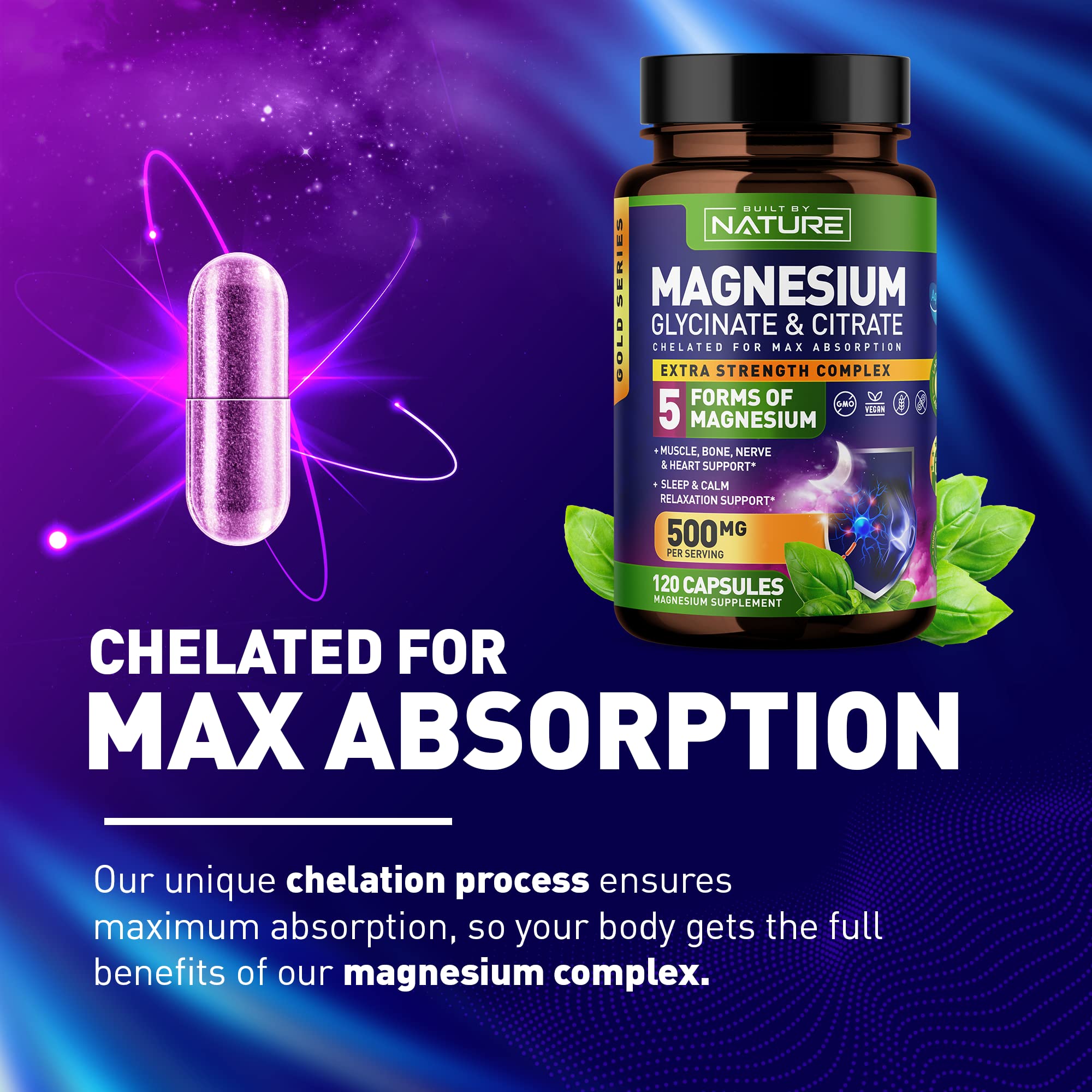 Magnesium Complex 500mg - 5 Forms of Magnesium Glycinate, Citrate, Malate, Oxide & Aquamin with 72 Trace Minerals - Chelated for Absorption - Supplement for Muscle, Nerve, Heart & Sleep (120 Capsules)