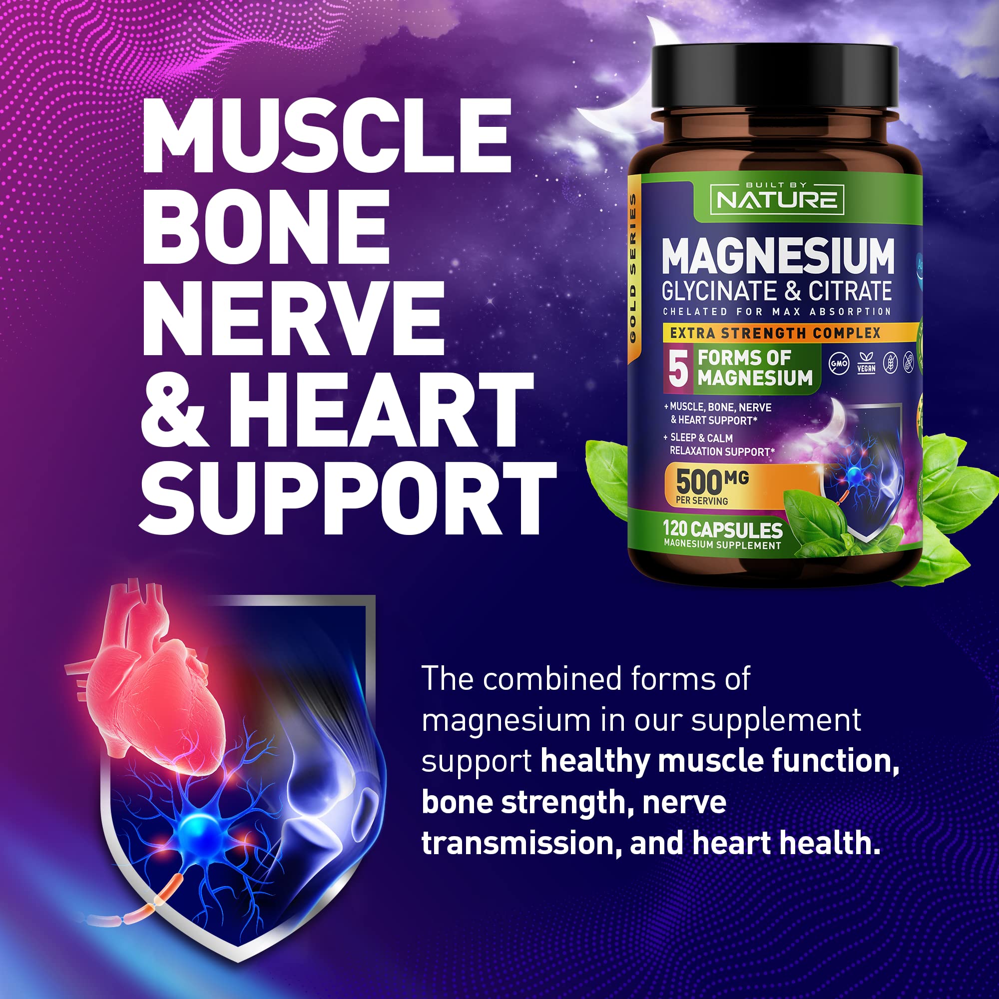 Magnesium Complex 500mg - 5 Forms of Magnesium Glycinate, Citrate, Malate, Oxide & Aquamin with 72 Trace Minerals - Chelated for Absorption - Supplement for Muscle, Nerve, Heart & Sleep (120 Capsules)