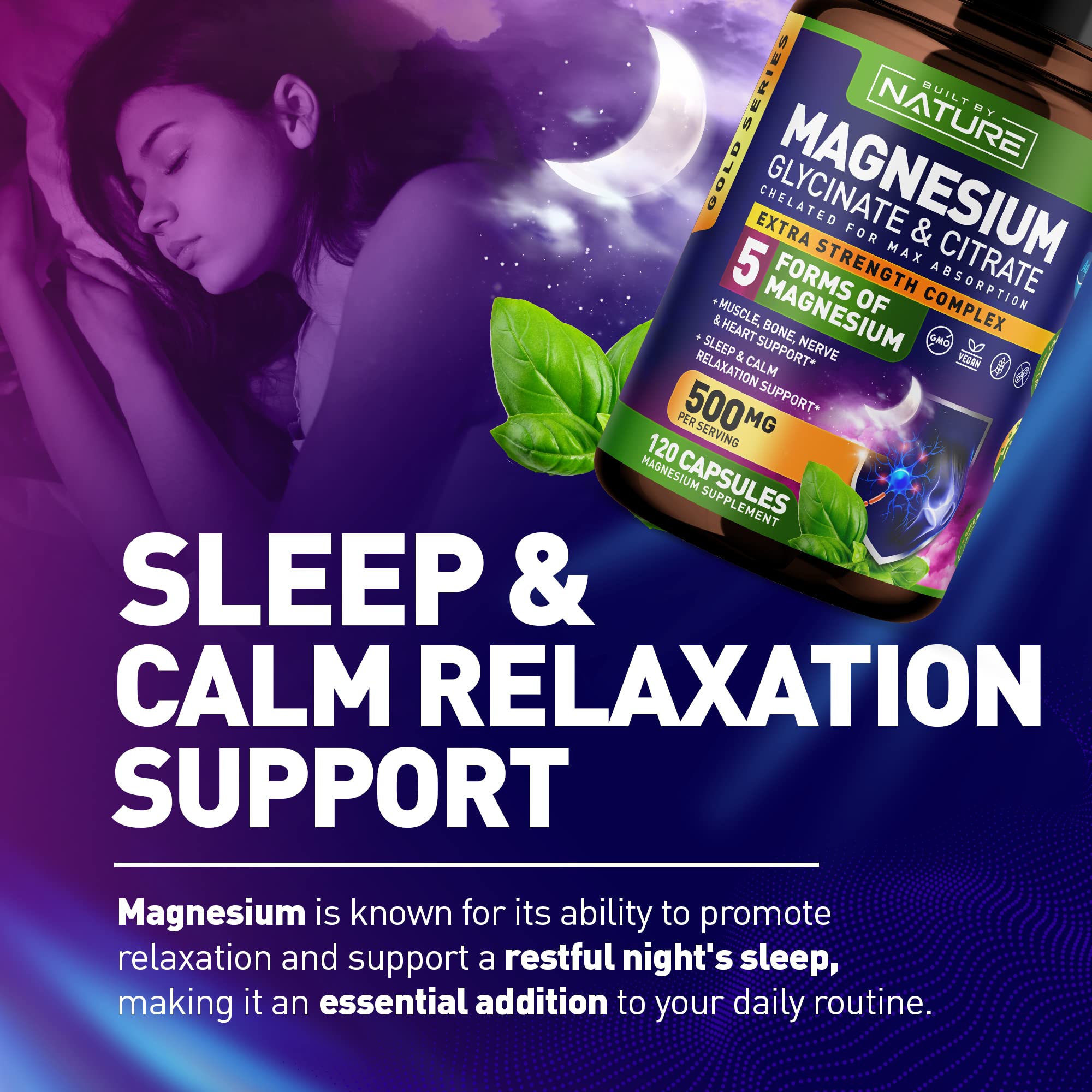 Magnesium Complex 500mg - 5 Forms of Magnesium Glycinate, Citrate, Malate, Oxide & Aquamin with 72 Trace Minerals - Chelated for Absorption - Supplement for Muscle, Nerve, Heart & Sleep (120 Capsules)