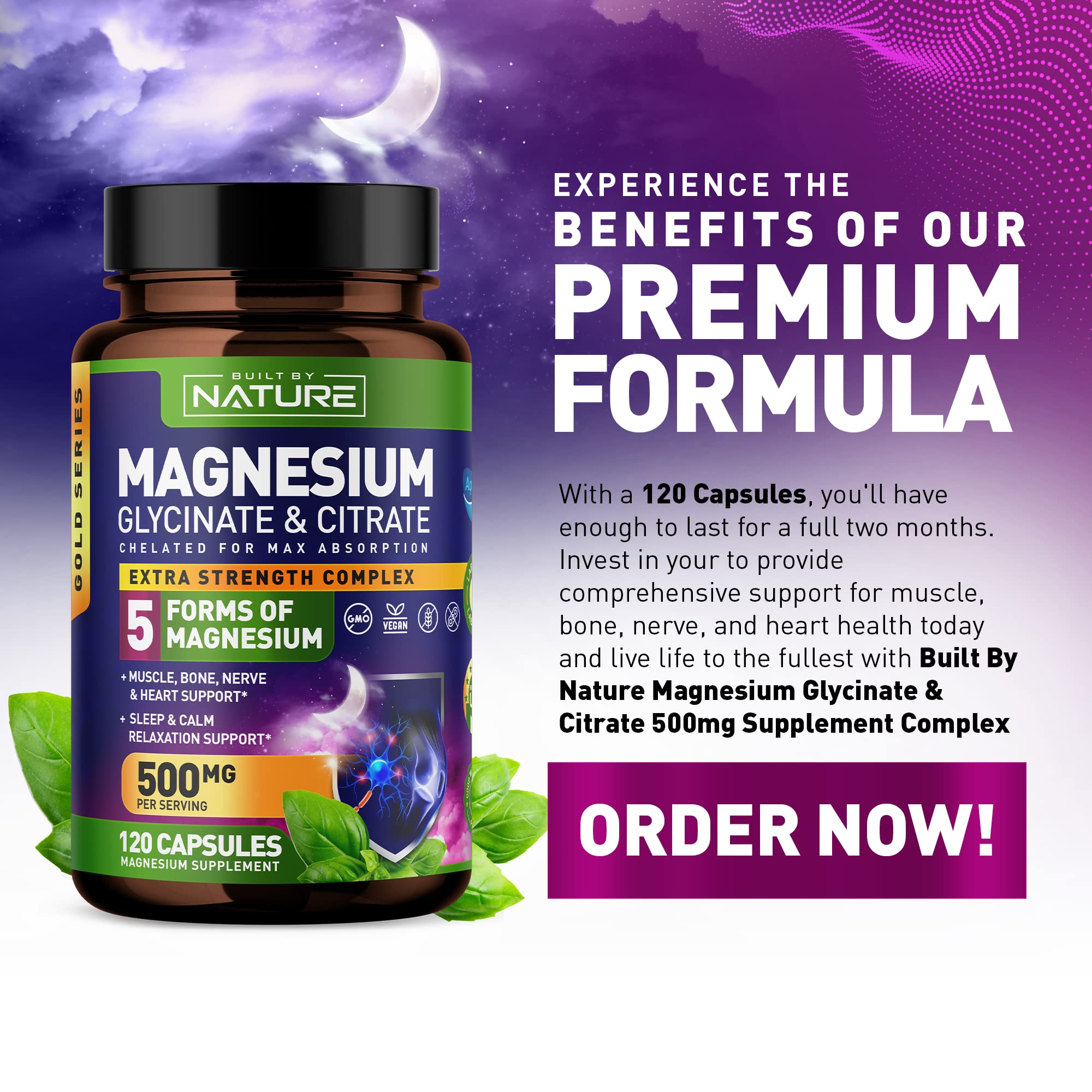 Magnesium Complex 500mg - 5 Forms of Magnesium Glycinate, Citrate, Malate, Oxide & Aquamin with 72 Trace Minerals - Chelated for Absorption - Supplement for Muscle, Nerve, Heart & Sleep (120 Capsules)