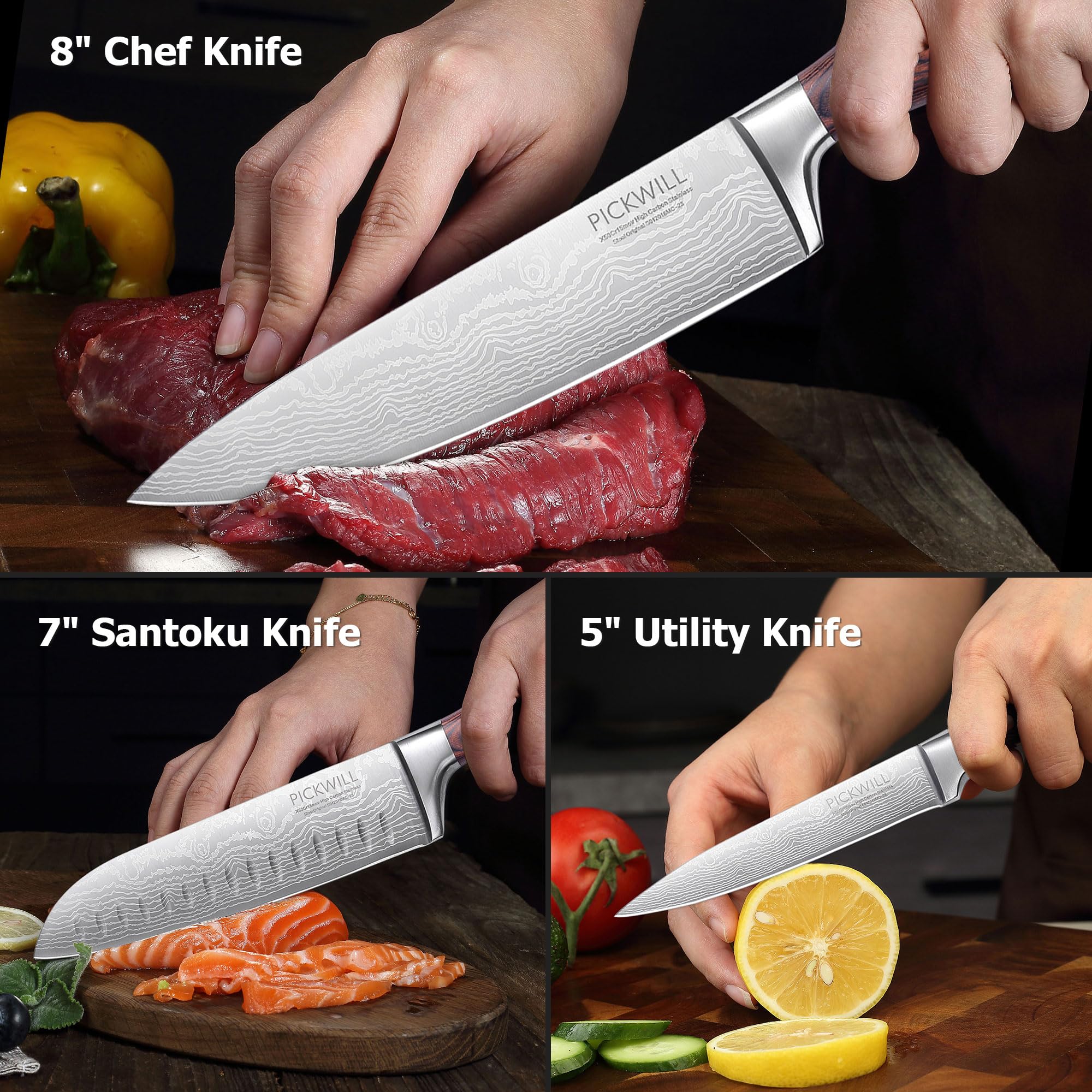 PICKWILL Kitchen Knife Set, 3-Piece Chef Knife Set, Sharp Knives Set with Wooden Handle, High Carbon Stainless Steel Professional Kitchen Knives, Elegant Gift Box for Home or Restaurant