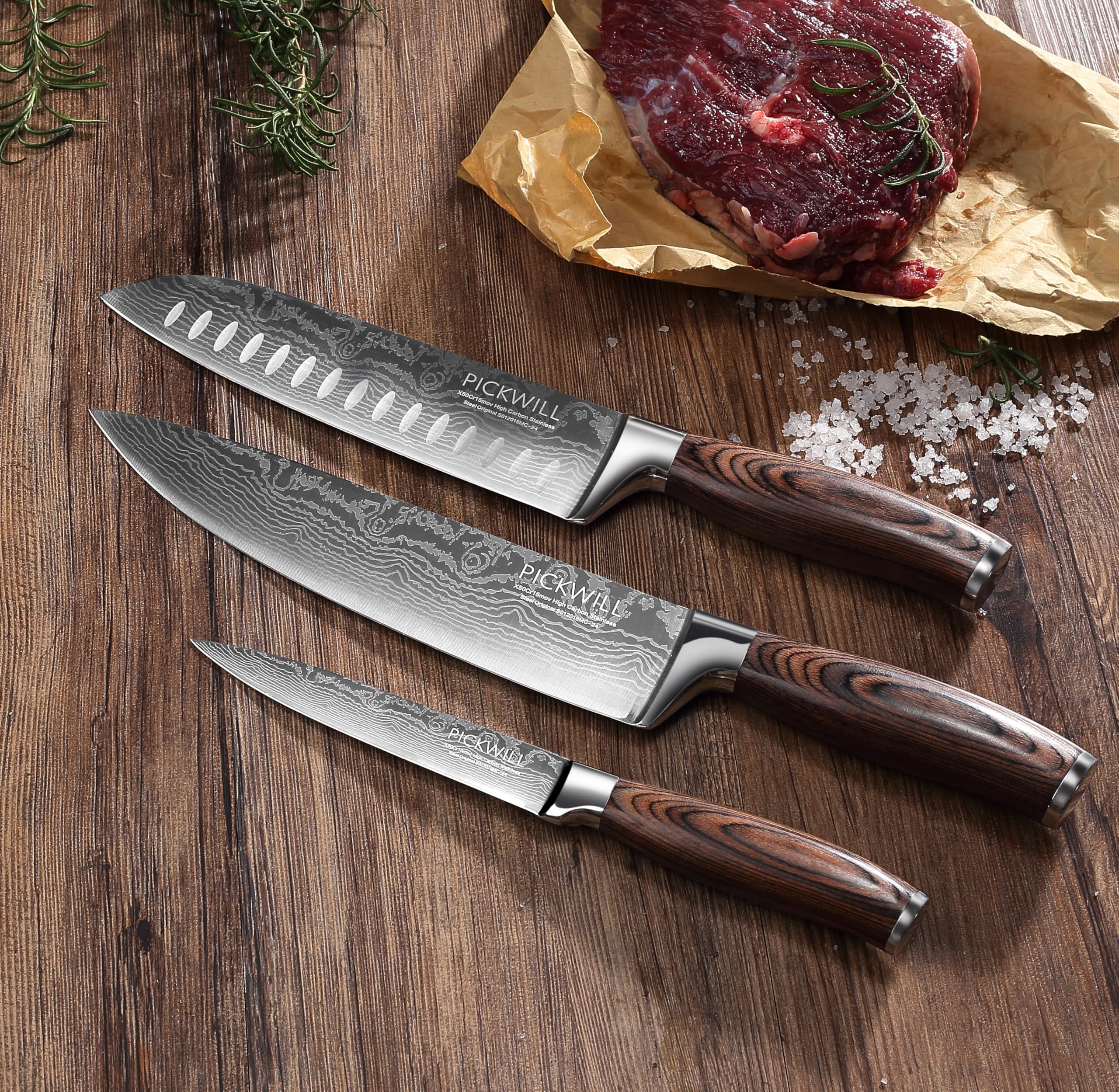 PICKWILL Kitchen Knife Set, 3-Piece Chef Knife Set, Sharp Knives Set with Wooden Handle, High Carbon Stainless Steel Professional Kitchen Knives, Elegant Gift Box for Home or Restaurant