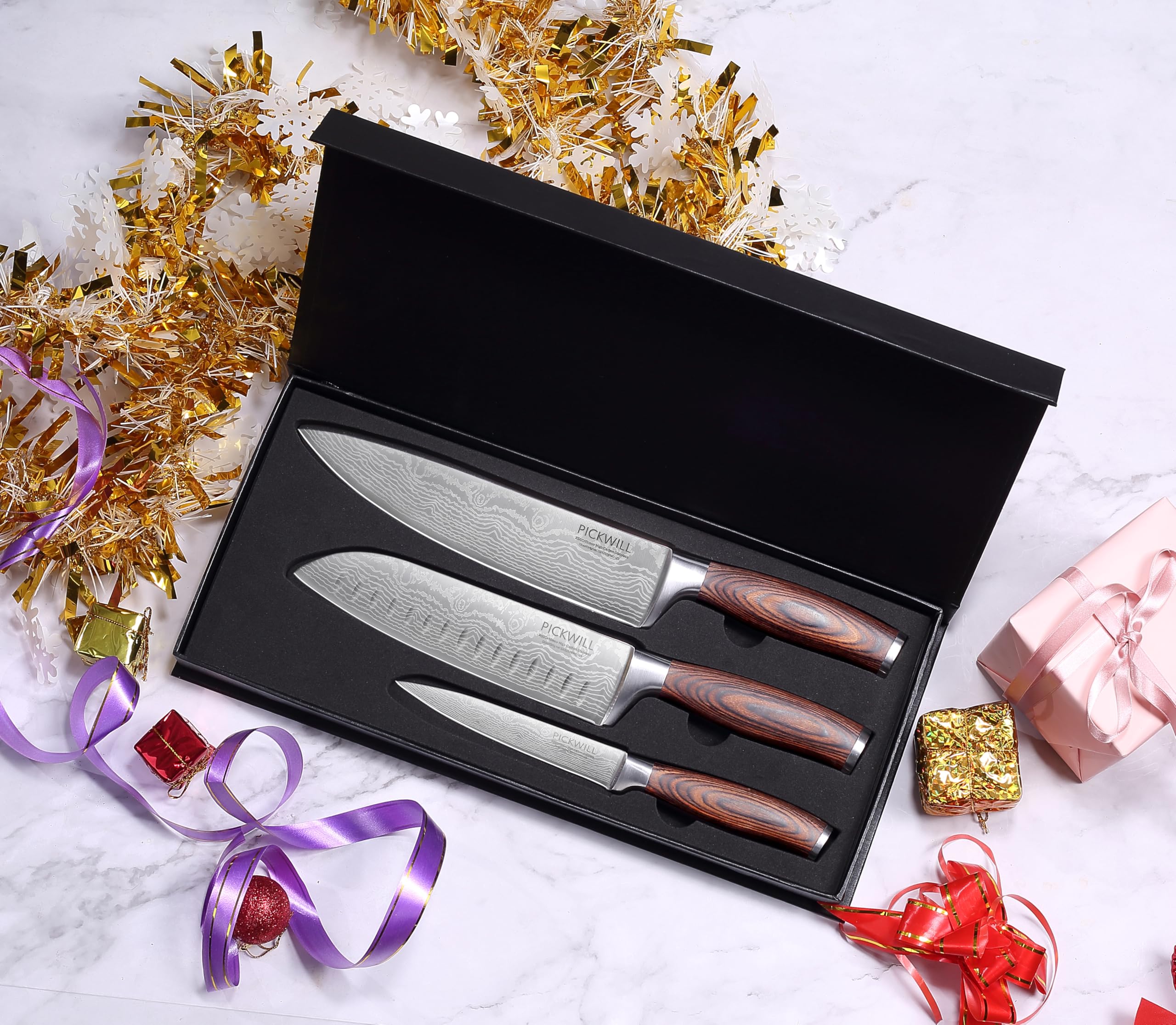 PICKWILL Kitchen Knife Set, 3-Piece Chef Knife Set, Sharp Knives Set with Wooden Handle, High Carbon Stainless Steel Professional Kitchen Knives, Elegant Gift Box for Home or Restaurant