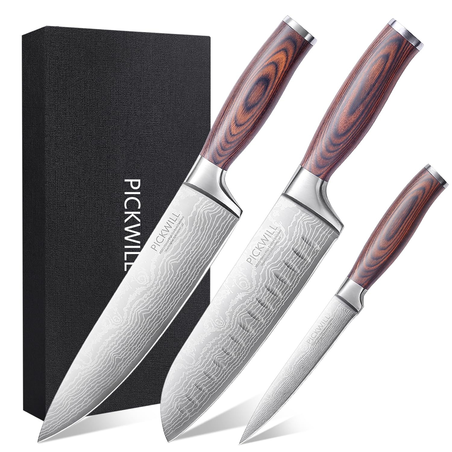 PICKWILL Kitchen Knife Set, 3-Piece Chef Knife Set, Sharp Knives Set with Wooden Handle, High Carbon Stainless Steel Professional Kitchen Knives, Elegant Gift Box for Home or Restaurant