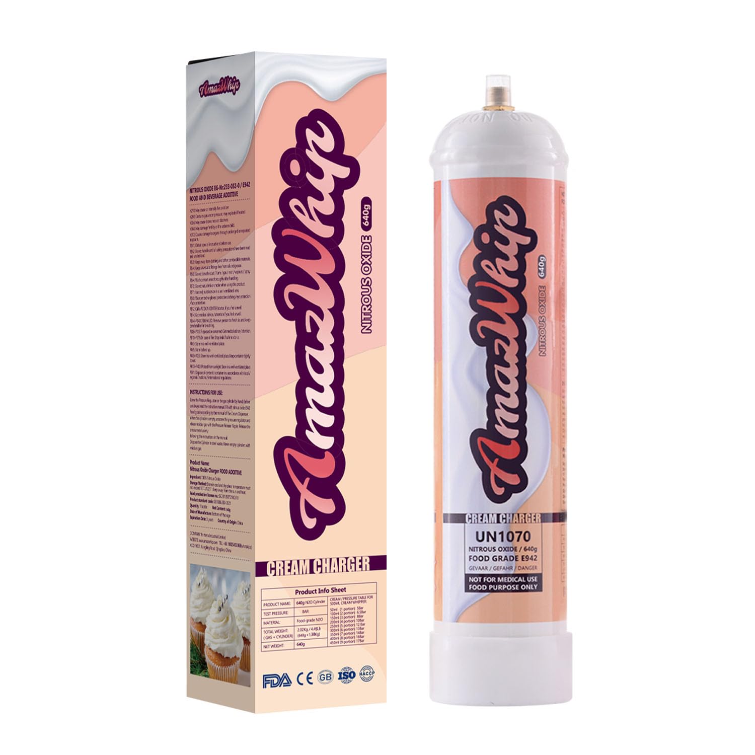 AMAZWHIP Whipped Cream Charger 640g 0.95L nitrous oxide tank (10 cylinders)