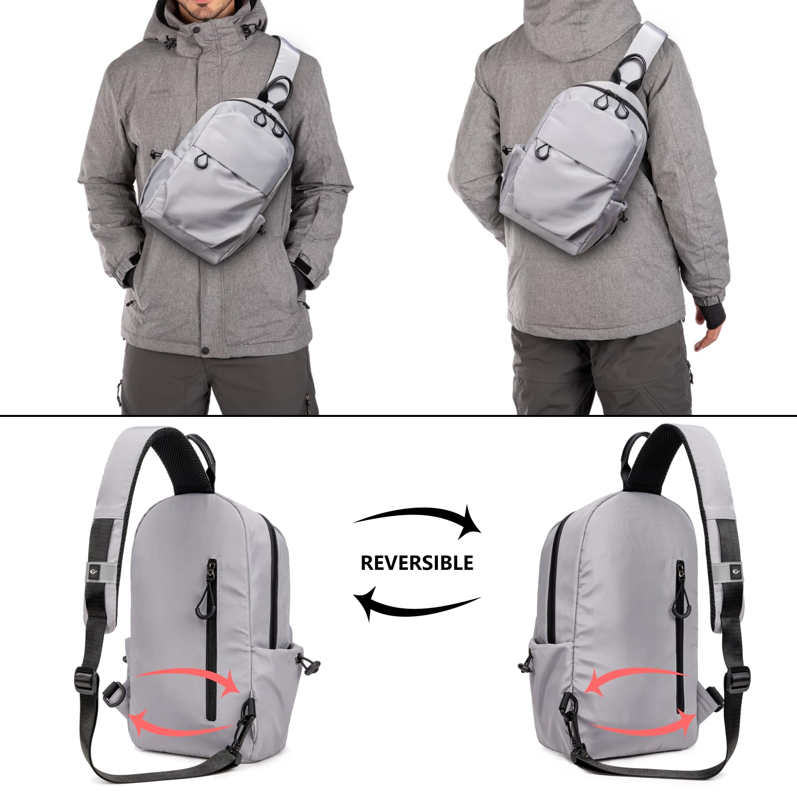 CANTLOR Men Small Sling Bag Crossbody Backpack Gym Mini Travel Backpack With Outside Pockets Shoulder Bag One Strap For Walking Hiking(991801silver)