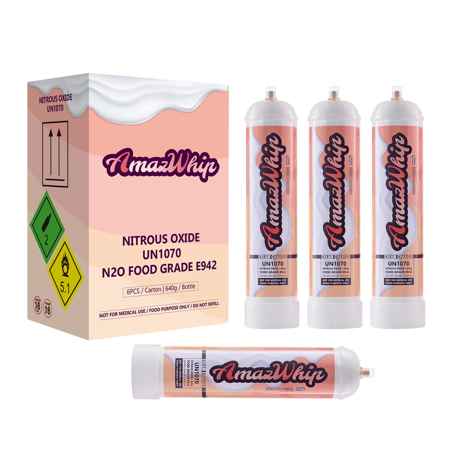 AMAZWHIP Whipped Cream Charger 640g 0.95L nitrous oxide tank (2 cylinders)