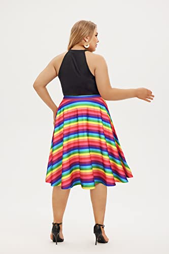 CARCOS Plus Size Skater Skirts for Women Midi Length 5X High Elastic Waist Rainbow Flowy Flattering Waistand Flare A-Line 5XL 28W