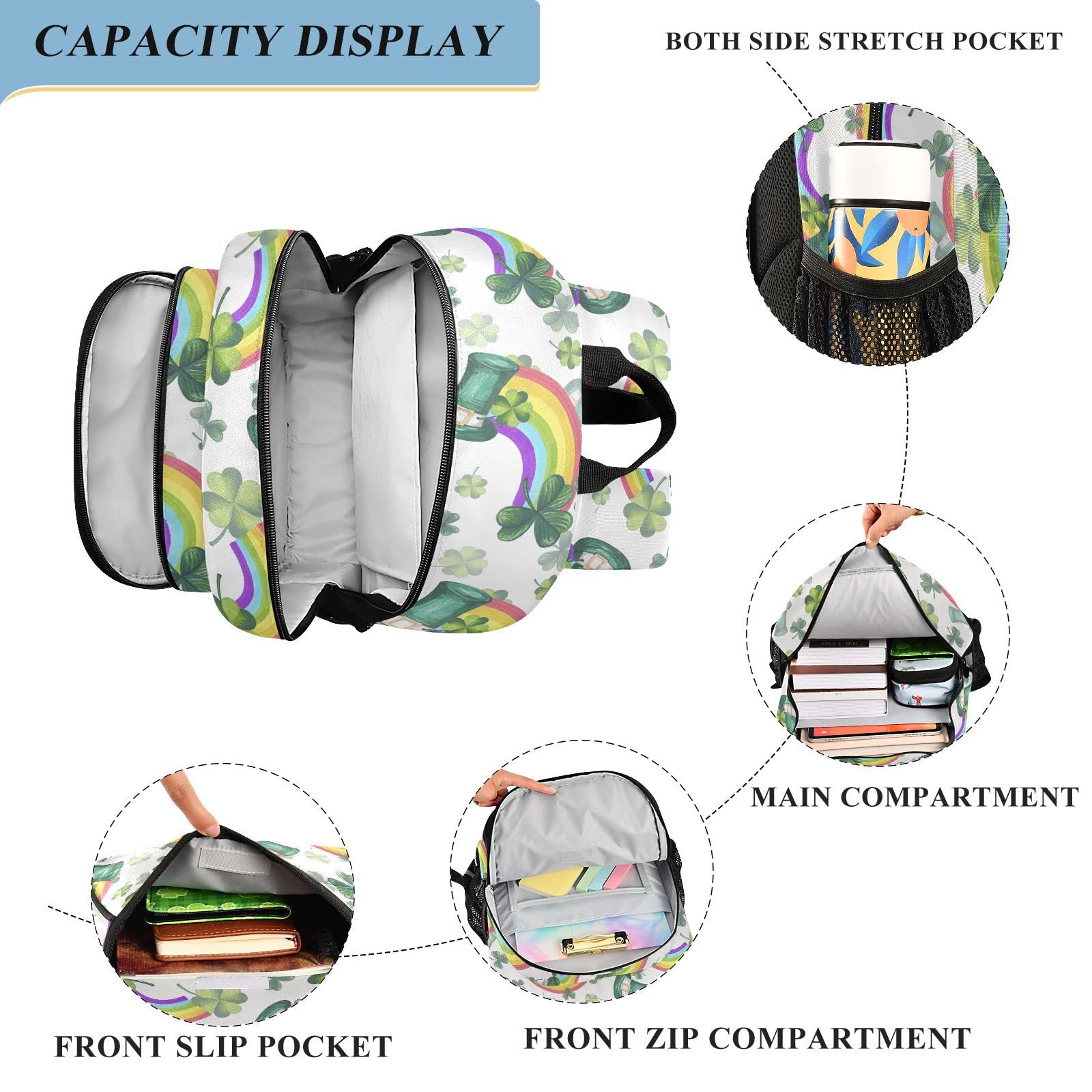 ALAZA Shamrock Rainbow St Patrick's Day Backpack Bookbag Laptop Notebook Bag Casual Travel Trip Daypack for Women Men Fits 15.6 Laptop