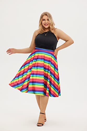 CARCOS Plus Size Skater Skirts for Women Midi Length 5X High Elastic Waist Rainbow Flowy Flattering Waistand Flare A-Line 5XL 28W