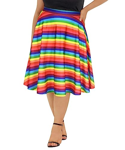 CARCOS Plus Size Skater Skirts for Women Midi Length 5X High Elastic Waist Rainbow Flowy Flattering Waistand Flare A-Line 5XL 28W
