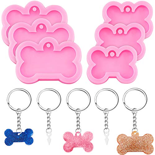 6 Pieces Dog Bone Silicone Mold Dog Tag Keychain Mold Kit DIY Dog Tag Pendant Baking Epoxy Resin Clay Mold with 10 Pieces Big Key Ring for Kitchen or Homemade Crafts, 2 Sizes