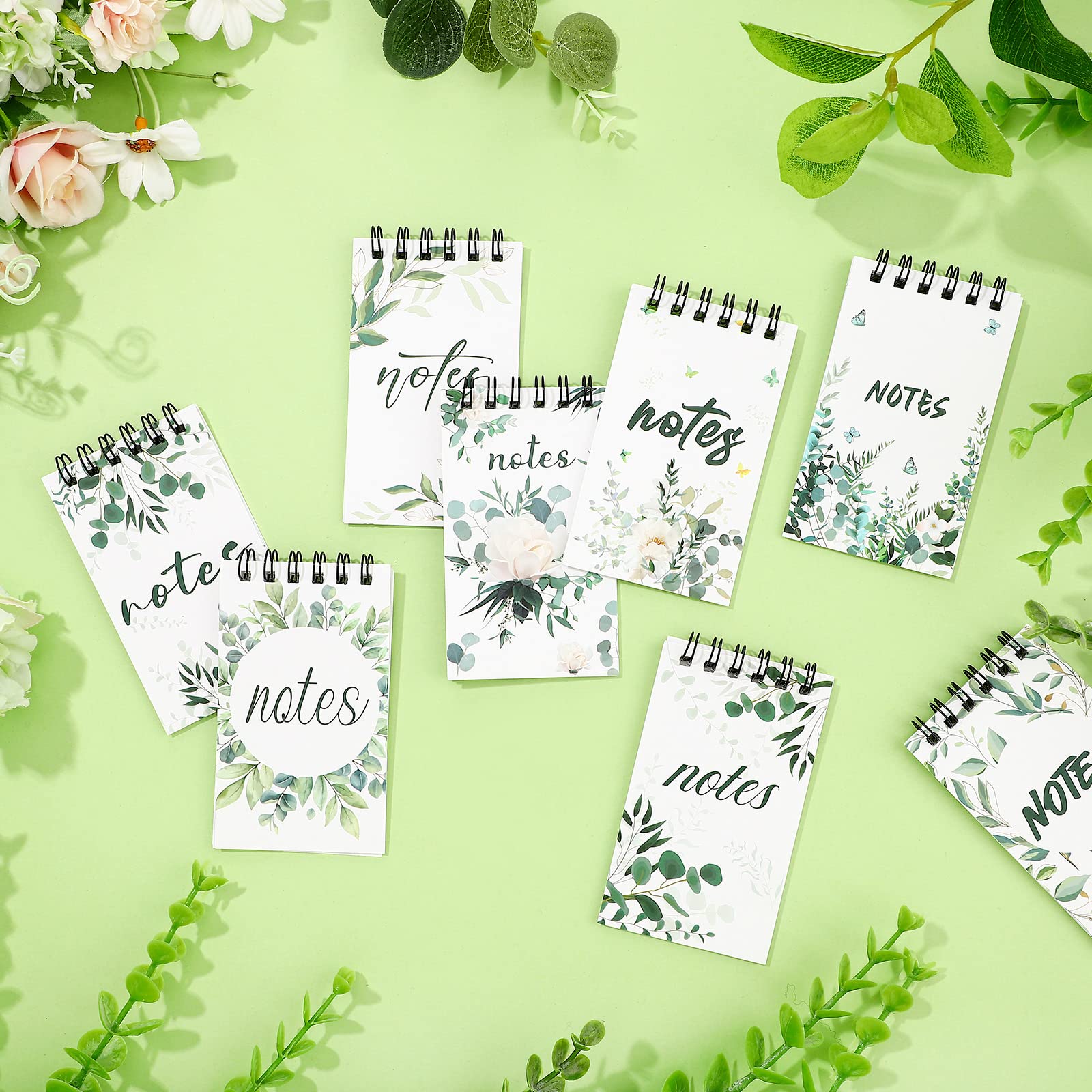 Yeaqee 24 Pcs Greenery Eucalyptus Spiral Notebook Mini Aesthetic Spiral Notebook Cute Eucalyptus Flower Party Favors Journal Small Memo Note Pad Bulk for Office Supplies Wedding Party