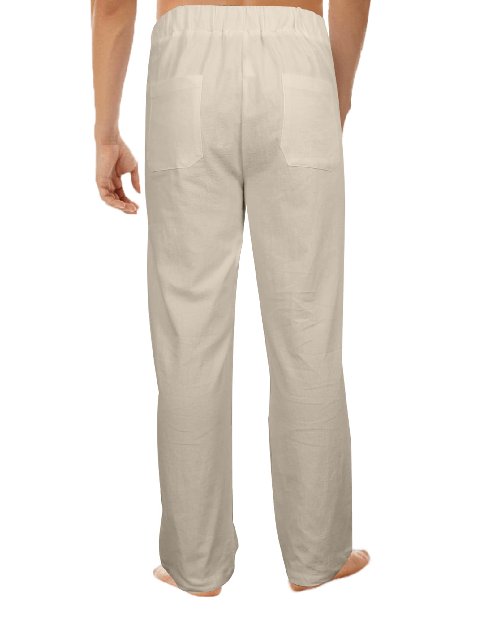 LVCBL Khaki Cotton Pants Men Casual Linen Beach Pants Drawstring Trousers,Khaki,M