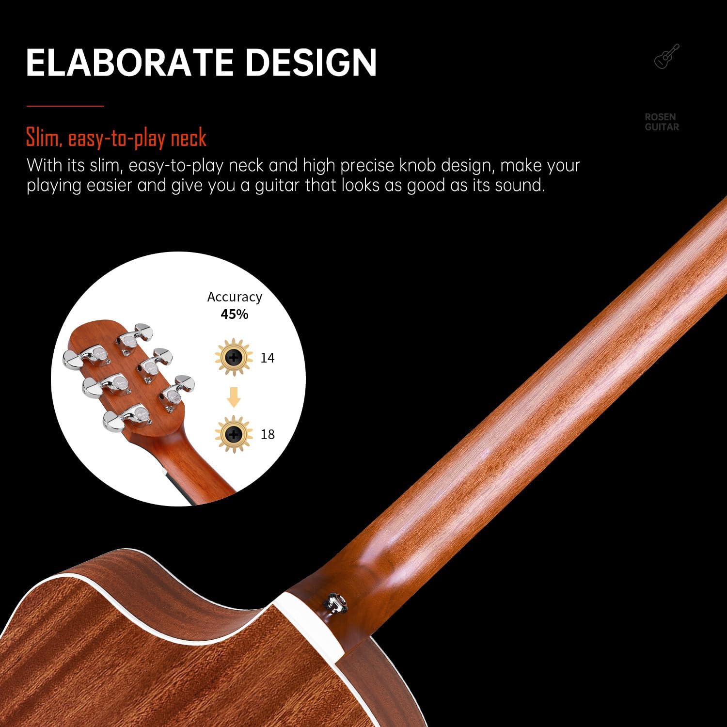 Rosen N10 Acoustic Guitar for Beginner Adults Full Size Dreadnought Solid Spruce Top Acustica Guitarra Bundle Kit with Gig Bag Tuner Strap Strings Capo Picks Cleaning Cloth, Black