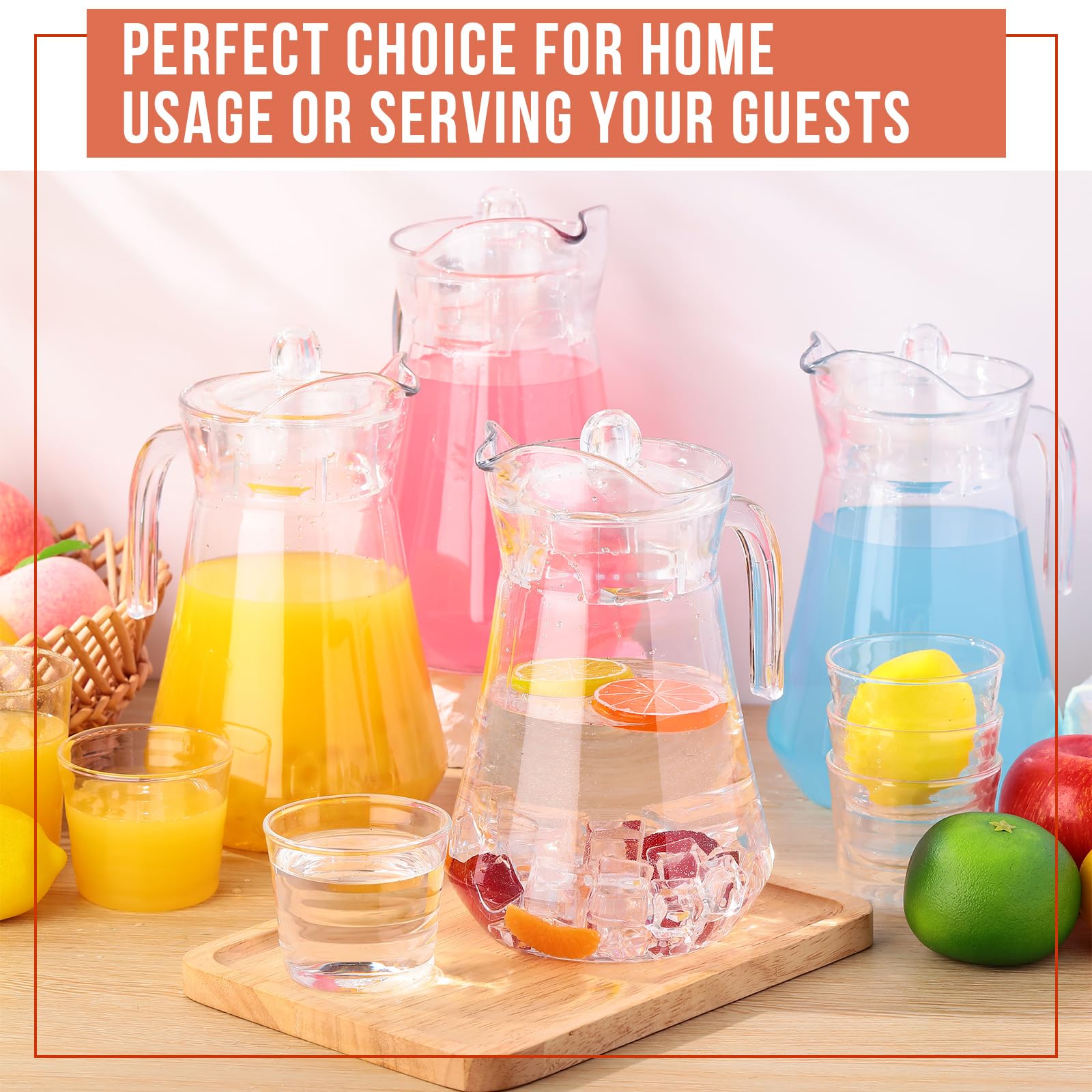 Didaey 4 Pcs Plastic Pitcher with Lid and Handle Clear Plastic Water Pitcher Shatter Proof Jugs for Drinks Fridge Iced Tea Juice Milk Lemonade Sangria Cold or Hot Beverages (50 oz)