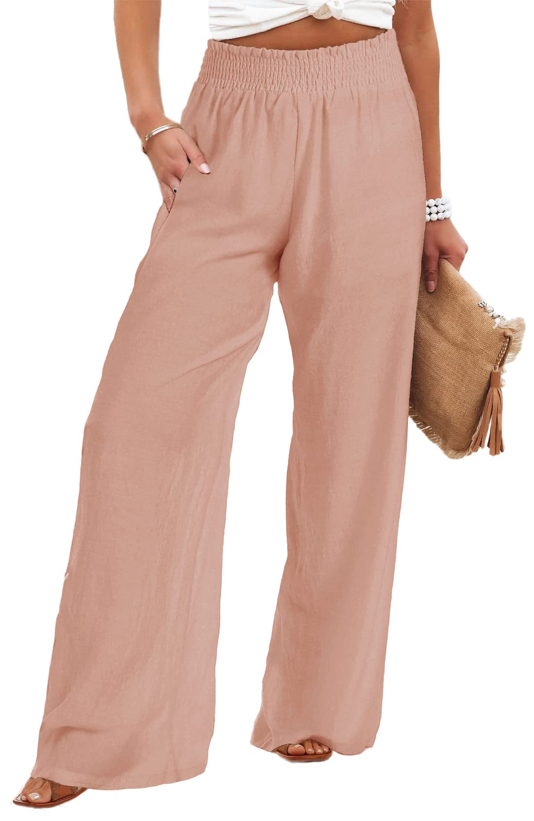 GIFTIME Beach Pants for Women - Smocked Lightweight Summer Flowy Pants for Women, Palazzo Pants for Women Dressy Casual, Wide Leg Pants for Women, High Waisted Pants for Women Latte XL