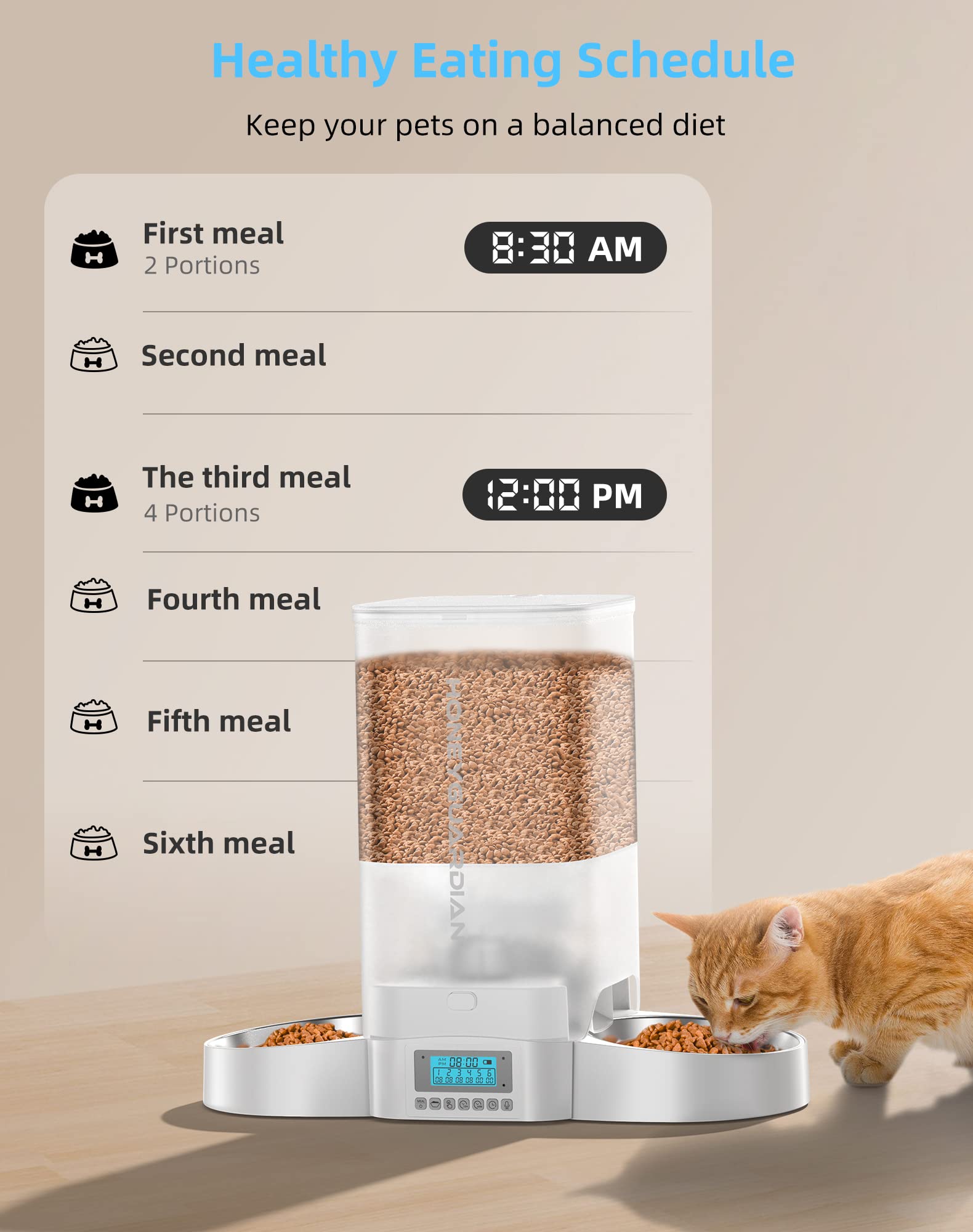 HoneyGuaridan Automatic Cat Feeder for Two Cats,5L Cat Food Dispenser with 2 Stainless Steel Bowl,Timed Cat Feeder Programmable 1-6 Meals Control, Dual Power Supply,Desiccant Bag,10s Meal Call(White)