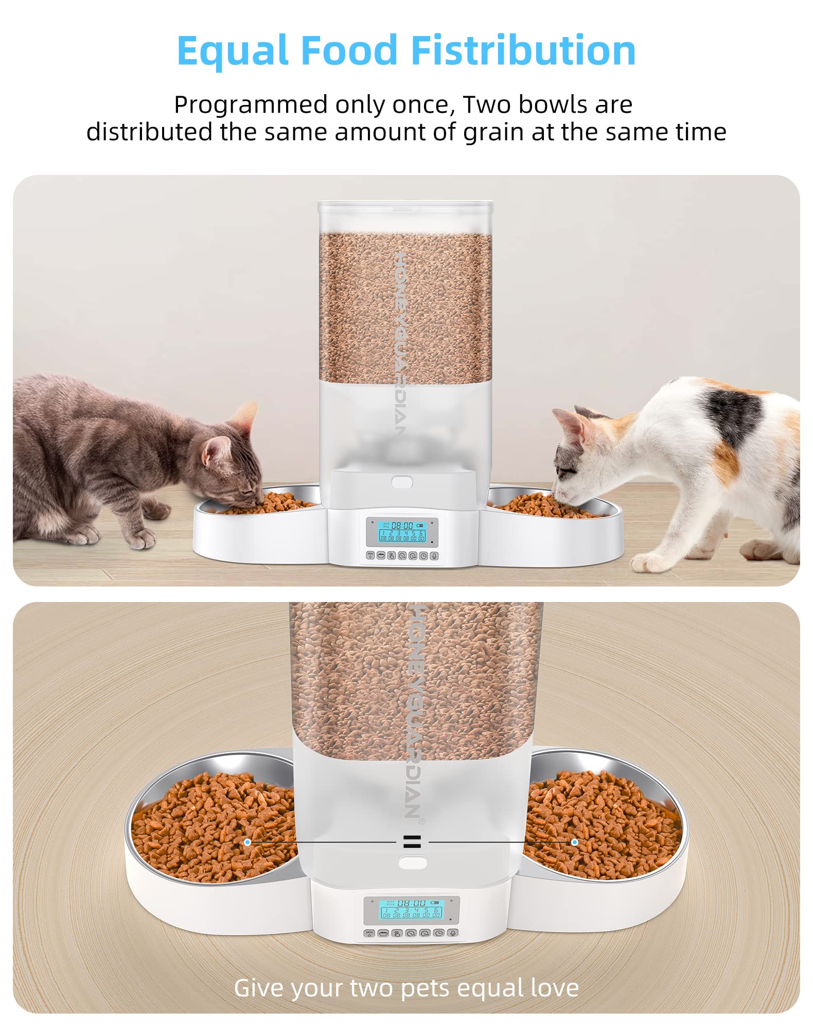 HoneyGuaridan Automatic Cat Feeder for Two Cats,5L Cat Food Dispenser with 2 Stainless Steel Bowl,Timed Cat Feeder Programmable 1-6 Meals Control, Dual Power Supply,Desiccant Bag,10s Meal Call(White)