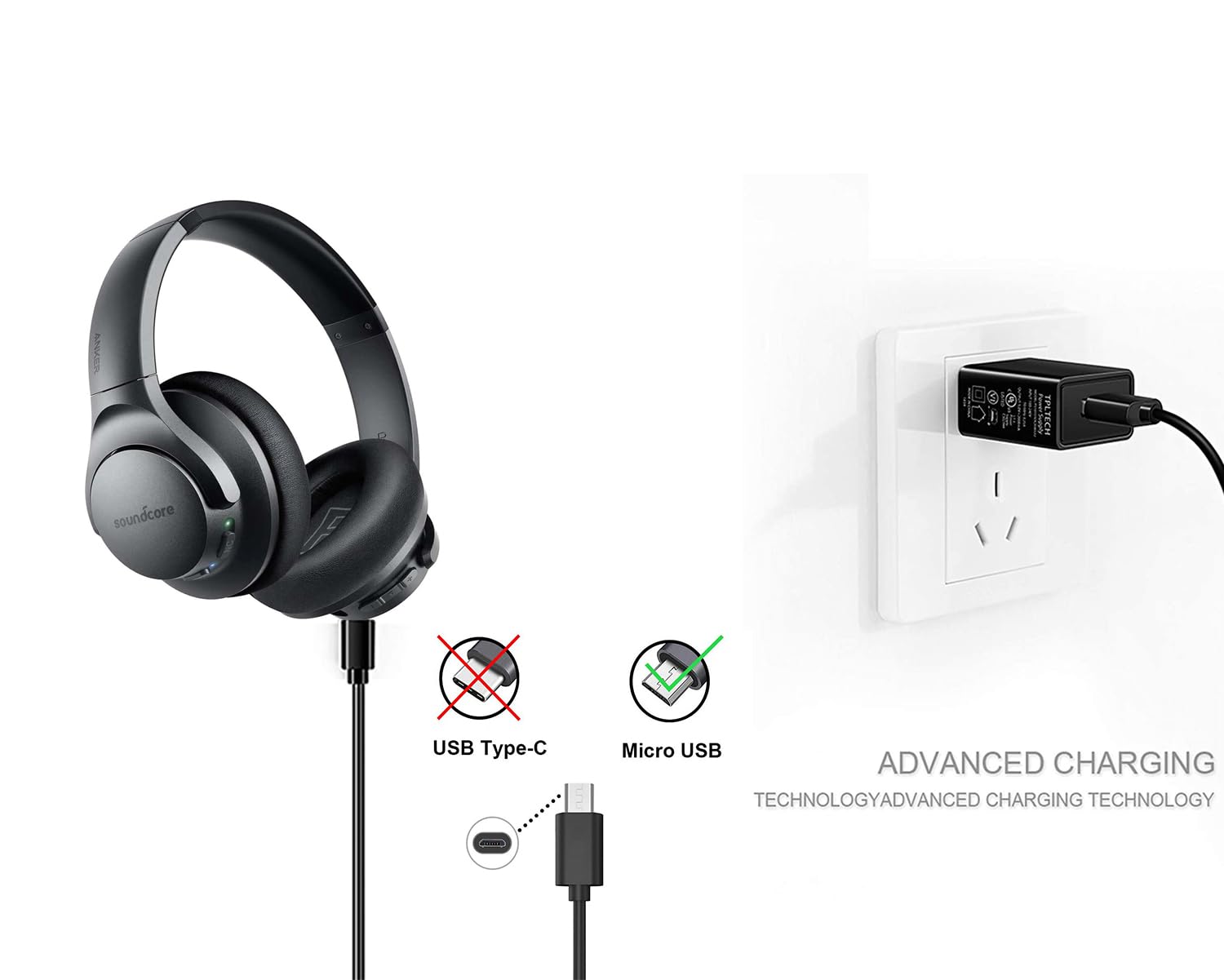Noise Cancelling Headphones Charger Cable for ZIHNIC, Soundcore Life Q20, iJoy Old Version, MUSICOZY, TUINYO, OneOdio A70, A11, MIDOLA, Gorsun Wireless Bluetooth Headphones Micro Charging Cord Adapter