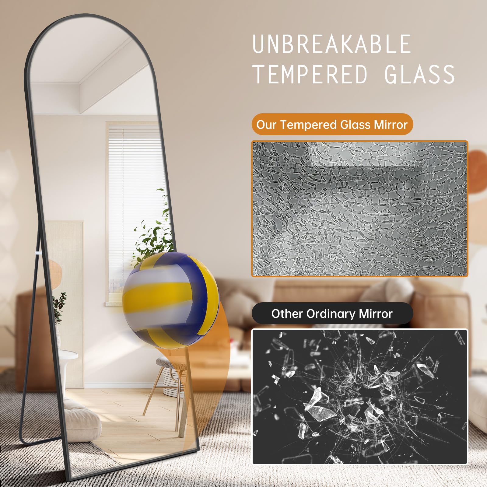 Mirror Full Length- Arched 64"x21"Full Length Mirror Shatter-Proof Glass,Standing Leaning Hanging Wall-Mounted,Black Floor Mirror,Aluminum Frame Modern Home Decor for Bedroom Living Room Cloakroom