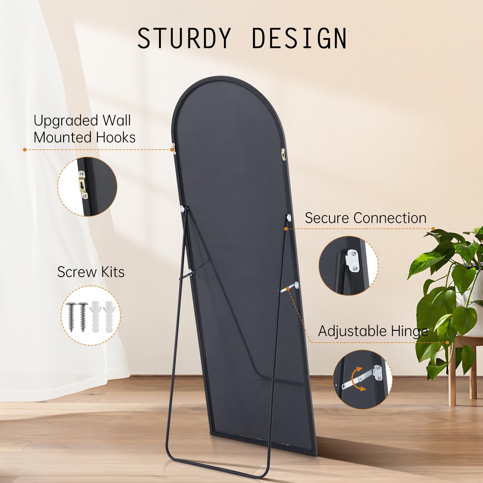 Mirror Full Length- Arched 64"x21"Full Length Mirror Shatter-Proof Glass,Standing Leaning Hanging Wall-Mounted,Black Floor Mirror,Aluminum Frame Modern Home Decor for Bedroom Living Room Cloakroom