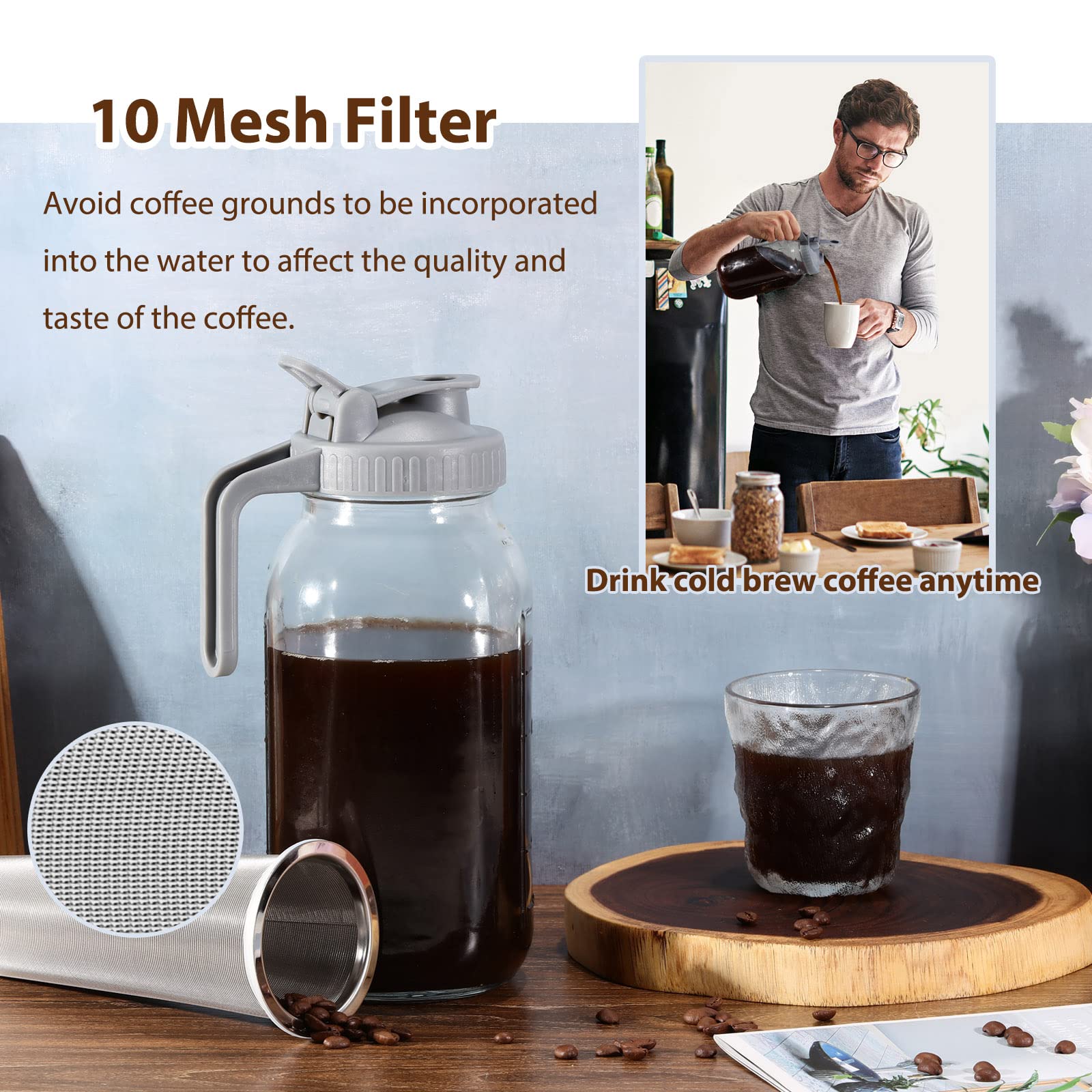 Cold Brew Coffee Maker Glass Pitcher, 32 oz Mason Jar with Pour Spout Handle Lid with Stainless Steel Filter for Iced Coffee, Lemonade, Ice Tea, Fruit Drinks