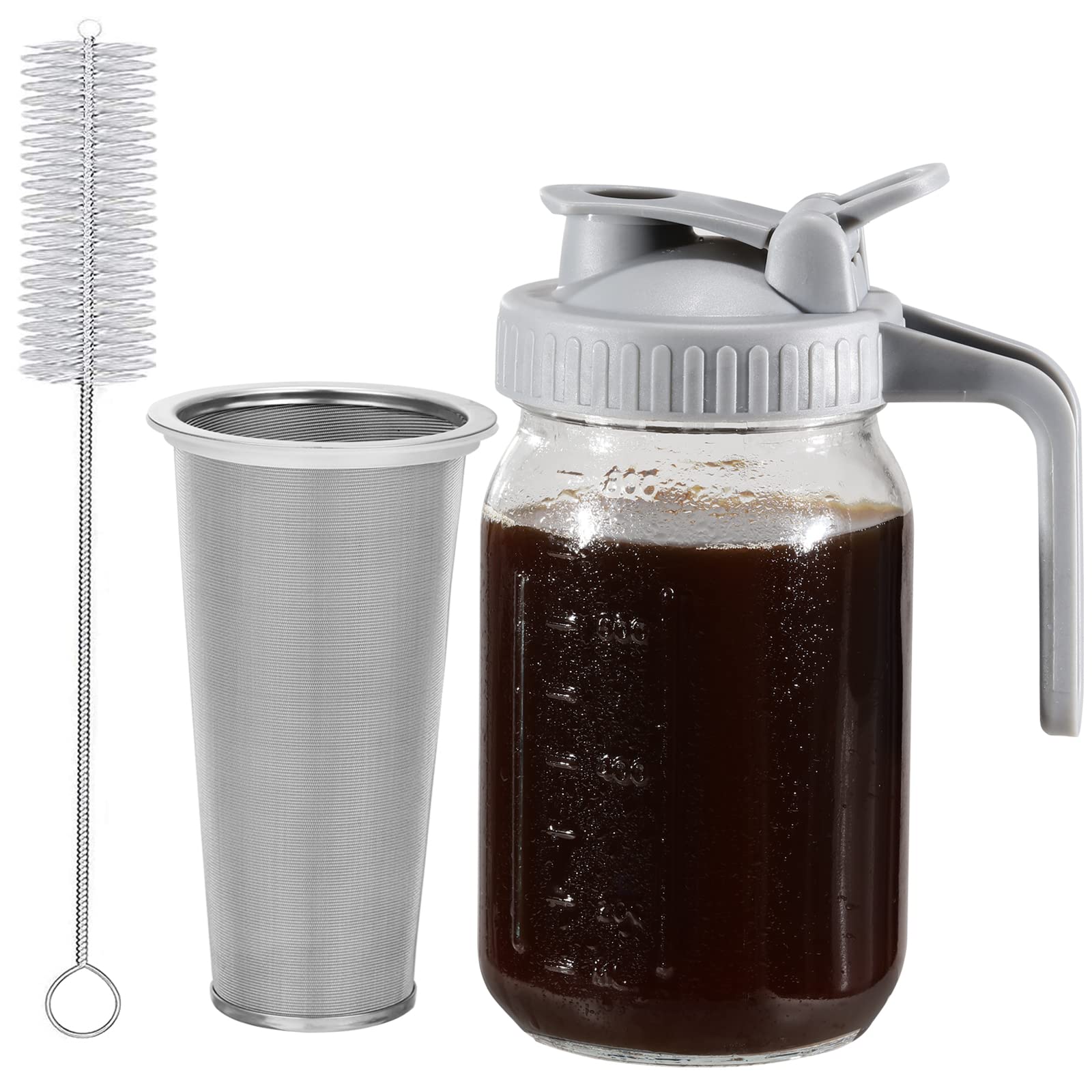 Cold Brew Coffee Maker Glass Pitcher, 32 oz Mason Jar with Pour Spout Handle Lid with Stainless Steel Filter for Iced Coffee, Lemonade, Ice Tea, Fruit Drinks