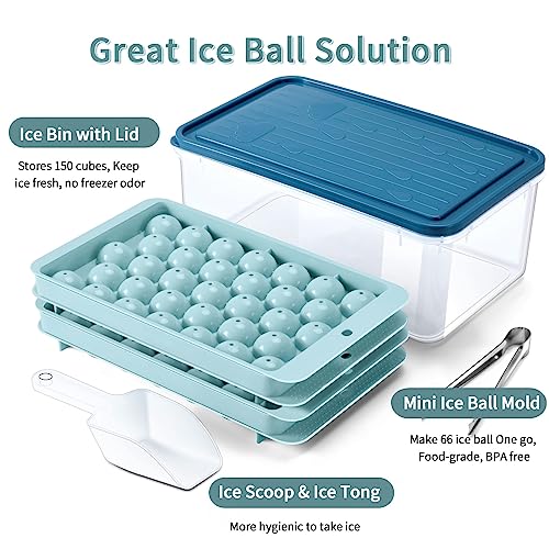 ARTLEO 4 Pack Round Ice Cube Trays for Freezer with Bin, Upgrade Easy Release Small Ice Ball Maker Mold, Freezer Ice Container with Lid, Mini Sphere ice cube Mold trays, Ice Bucket and Tong,Bpa free