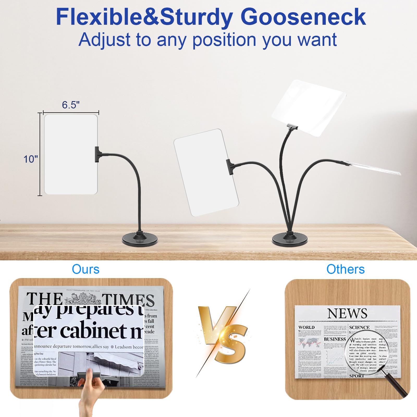 4X Magnifying Glass for Reading, 10"x6.5" Hands Free Magnifier with Stand, Large Full Page and Flexible Gooseneck for Senior Low Vision and Macular Degeneration When Sewing, Needlepoint, Reading