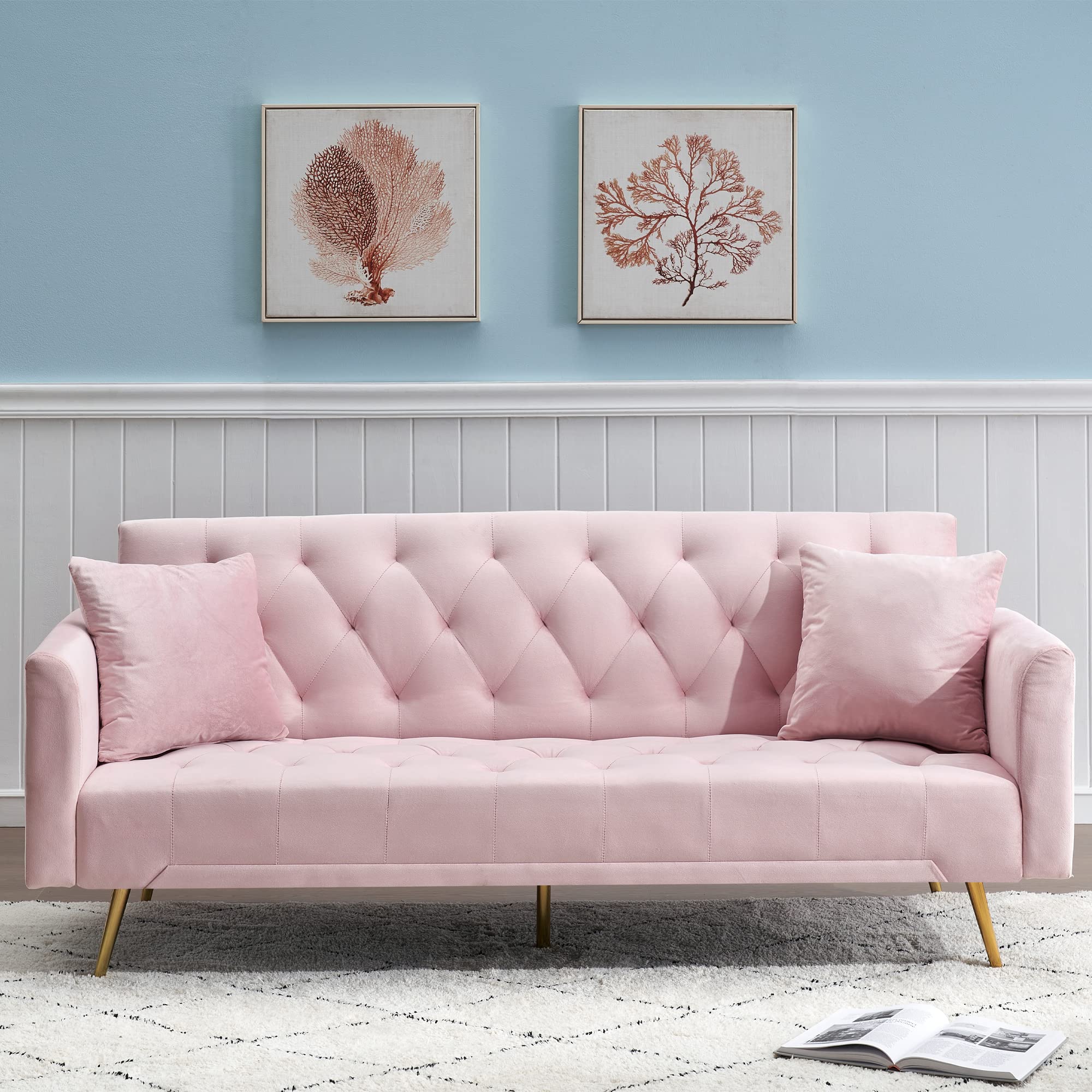 Anwickhomk 71" Modern Velvet Futon Sofa Bed, Convertible Double Sleeper Loveseat,Folding Recliner Couch with Adjustable Backrest/Armrests/Metal Legs for Living Room and Small Space (Pink)