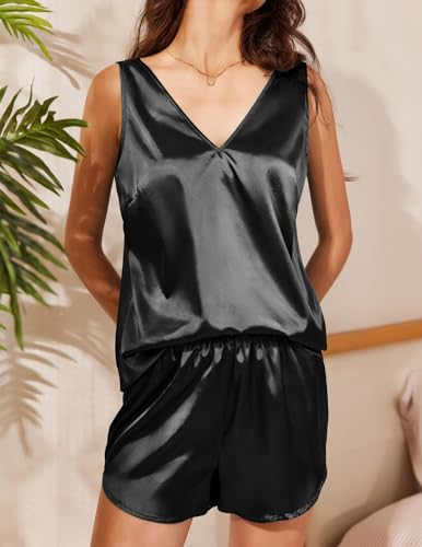 Ekouaer Women Silk Satin Pajama Set V Neck Pj Short Set Sleeveless Silky Tank Lounge Set Sleepwear Black Small