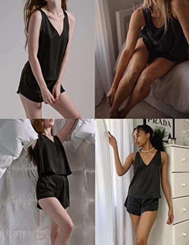 Ekouaer Women Silk Satin Pajama Set V Neck Pj Short Set Sleeveless Silky Tank Lounge Set Sleepwear Black Small