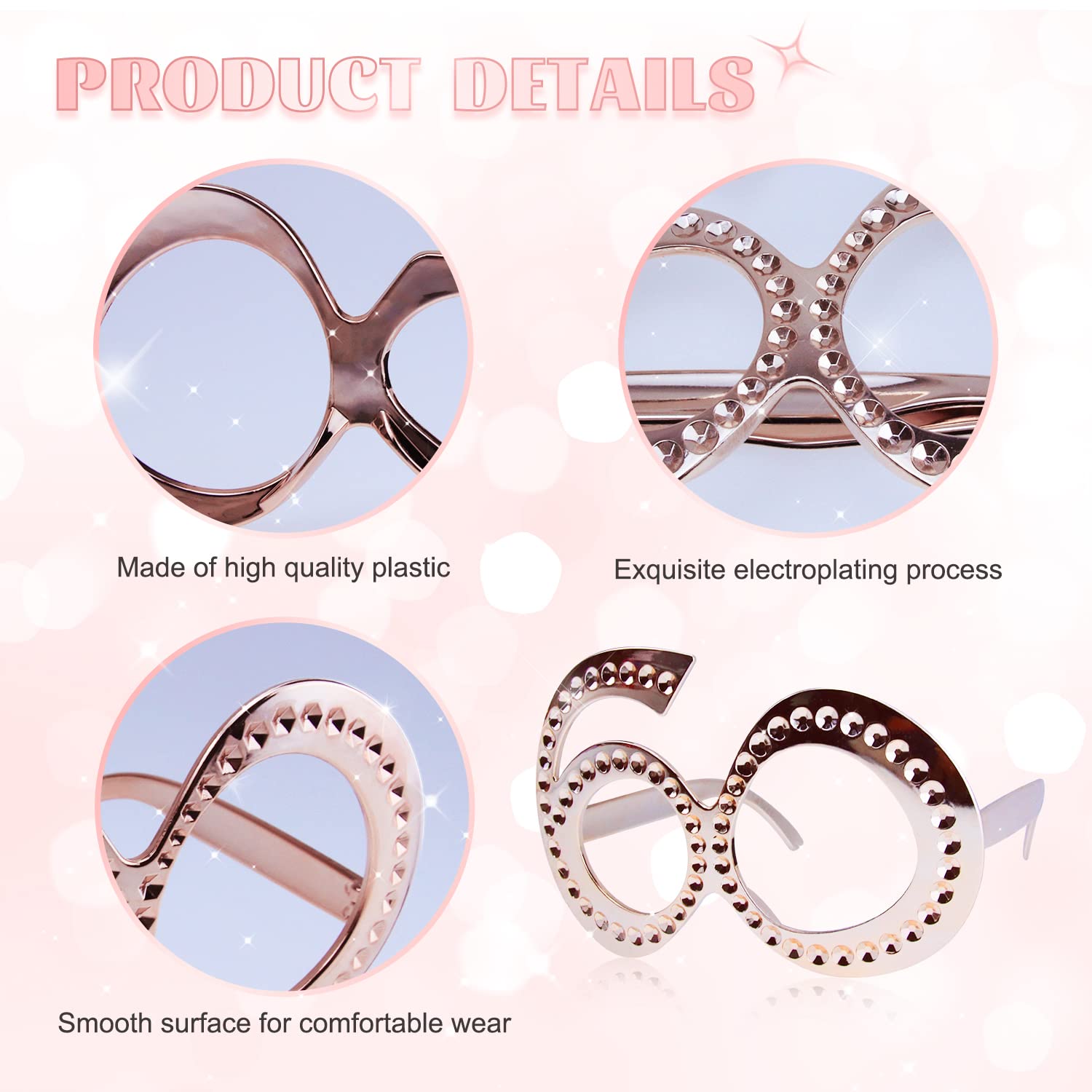 9 Pack Sunglasses & Decorations - Men & Women's Party Eyeglasses for 60th Birthday & Anniversary Celebrations (rose gold)