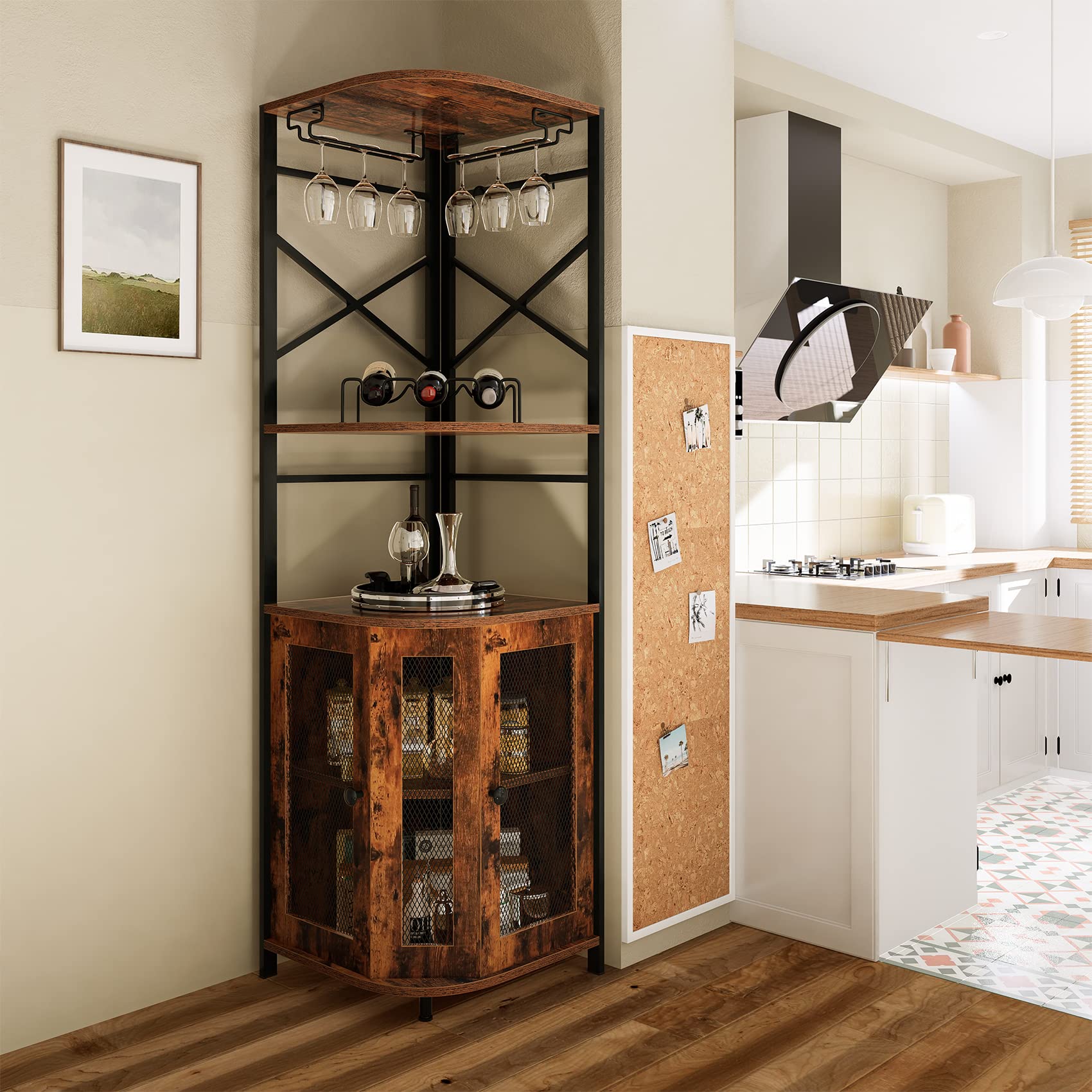 Osfvolr Bar Cabinet w/Wine Rack and Glass Holder, Corner Cabinet with Mesh Door, Corner Bar Cabinet with Adjustable Shelf, Liquor Cabinet Bar for Home, Rustic Brown