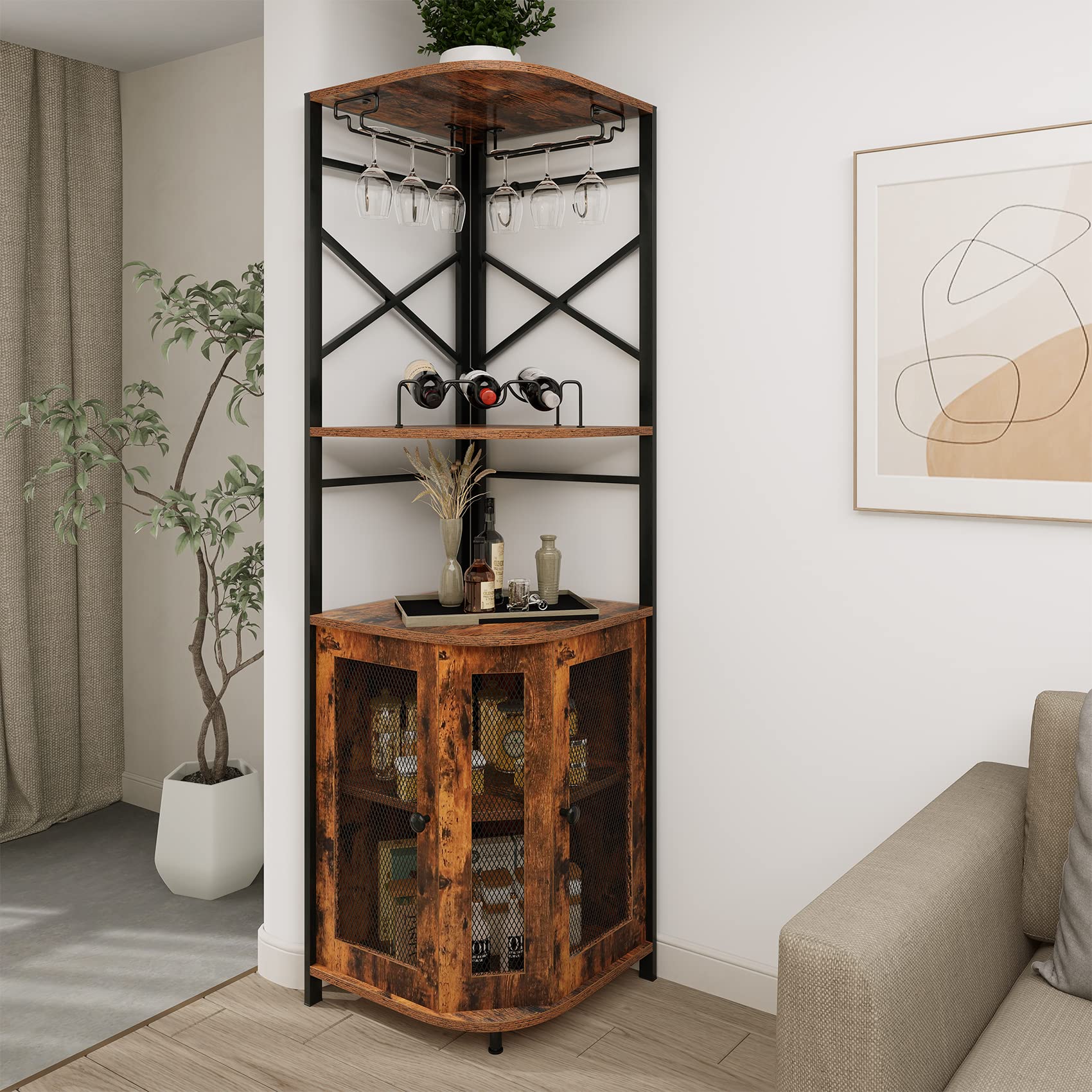 Osfvolr Bar Cabinet w/Wine Rack and Glass Holder, Corner Cabinet with Mesh Door, Corner Bar Cabinet with Adjustable Shelf, Liquor Cabinet Bar for Home, Rustic Brown