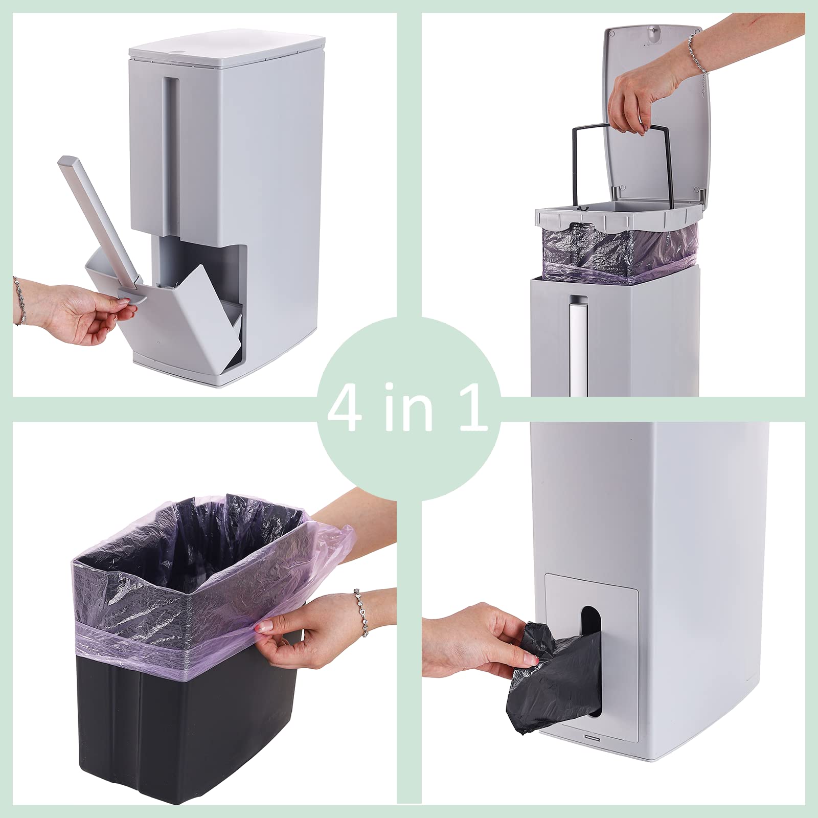 Cq acrylic 8 Liter Slim Plastic Trash Can 2.1 Gallon Small Narrow Garbage Can with Press Top Lid,Trash can with Toilet Brush Holder,Rectangular Modern Waste Can for Bathroom Grey