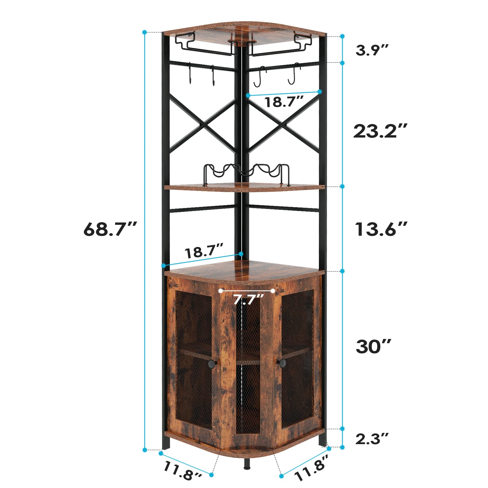 Osfvolr Bar Cabinet w/Wine Rack and Glass Holder, Corner Cabinet with Mesh Door, Corner Bar Cabinet with Adjustable Shelf, Liquor Cabinet Bar for Home, Rustic Brown