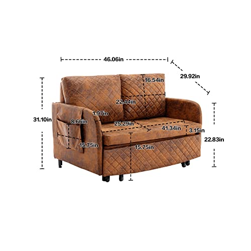 VKKILPEE Modern Pull Out Sofa Bed Convertible Couch Bed Sofa Sleeper with 2 Pillows & Side Pockets Microfiber Small Full Bed Loveseat Futon Couch Sleeper with Headboard, Easy Assembly, Coffee