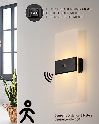 pasentel Motion Sensor LED Wall Sconces, 2-Pack Acrylic USB Rechargeable Wall Light Battery Operated Night Light Indoor Led Wireless Wall Lamp for Stairs, Hallway, Bathroom, Bedroom, BD025-LEB-BK2