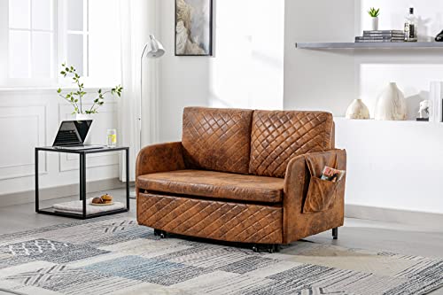VKKILPEE Modern Pull Out Sofa Bed Convertible Couch Bed Sofa Sleeper with 2 Pillows & Side Pockets Microfiber Small Full Bed Loveseat Futon Couch Sleeper with Headboard, Easy Assembly, Coffee