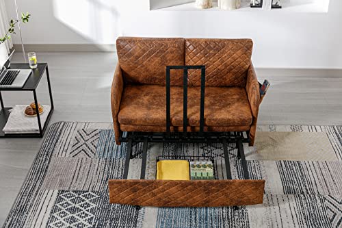 VKKILPEE Modern Pull Out Sofa Bed Convertible Couch Bed Sofa Sleeper with 2 Pillows & Side Pockets Microfiber Small Full Bed Loveseat Futon Couch Sleeper with Headboard, Easy Assembly, Coffee
