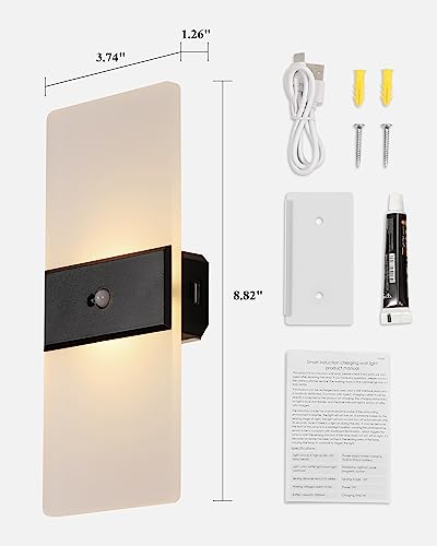 pasentel Motion Sensor LED Wall Sconces, 2-Pack Acrylic USB Rechargeable Wall Light Battery Operated Night Light Indoor Led Wireless Wall Lamp for Stairs, Hallway, Bathroom, Bedroom, BD025-LEB-BK2