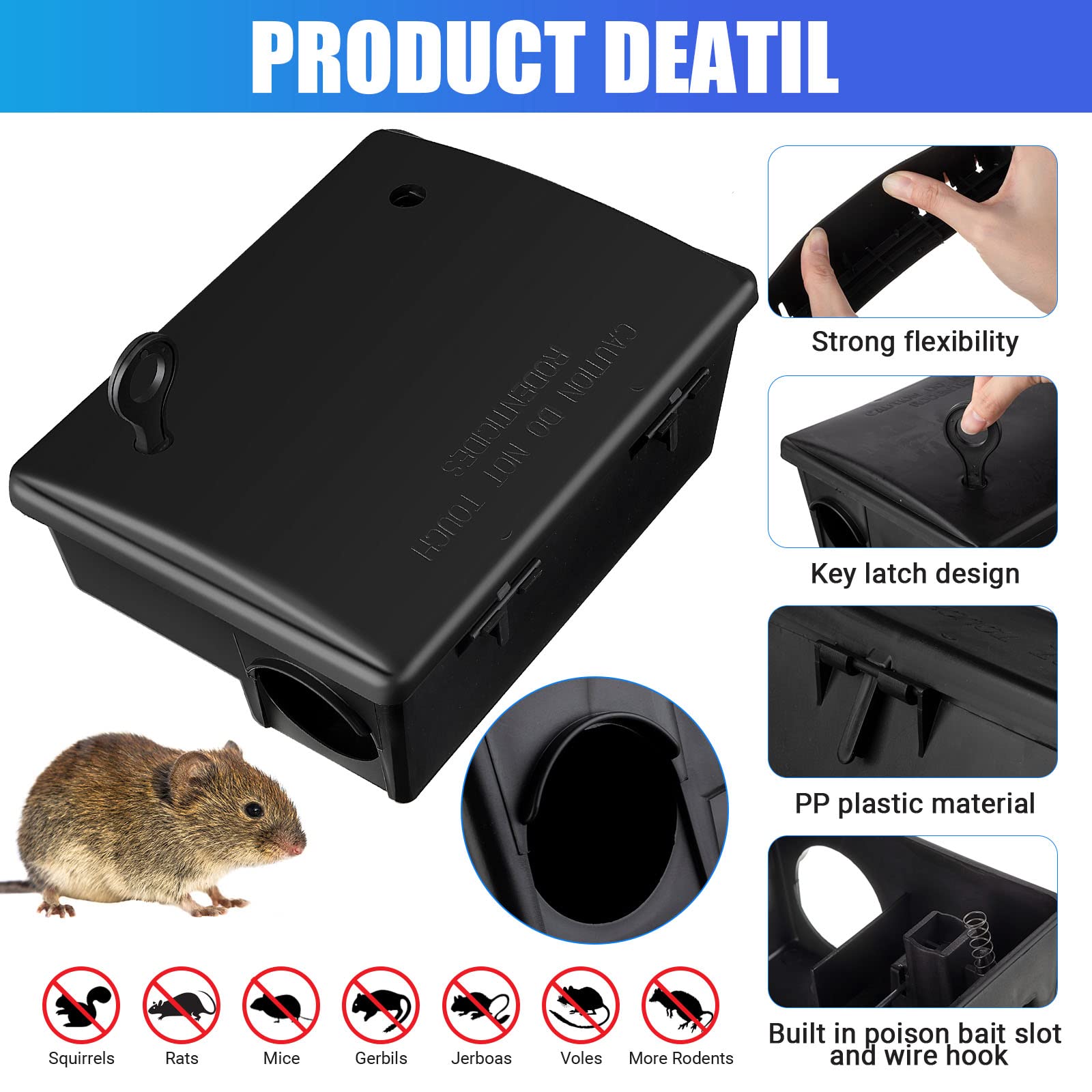 Qualirey Rat Bait Stations Large Rodent with Key Reusable Mouse Stations Mice Blocks Heavy Duty Boxes for Outdoor Rodents Mice Blocks, Bait Not Included(Black,4 Pack)