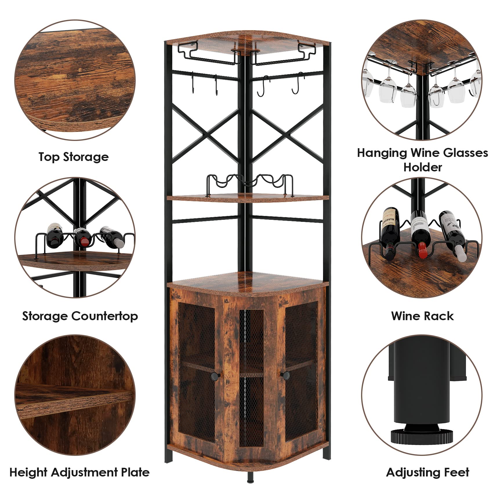 Osfvolr Bar Cabinet w/Wine Rack and Glass Holder, Corner Cabinet with Mesh Door, Corner Bar Cabinet with Adjustable Shelf, Liquor Cabinet Bar for Home, Rustic Brown