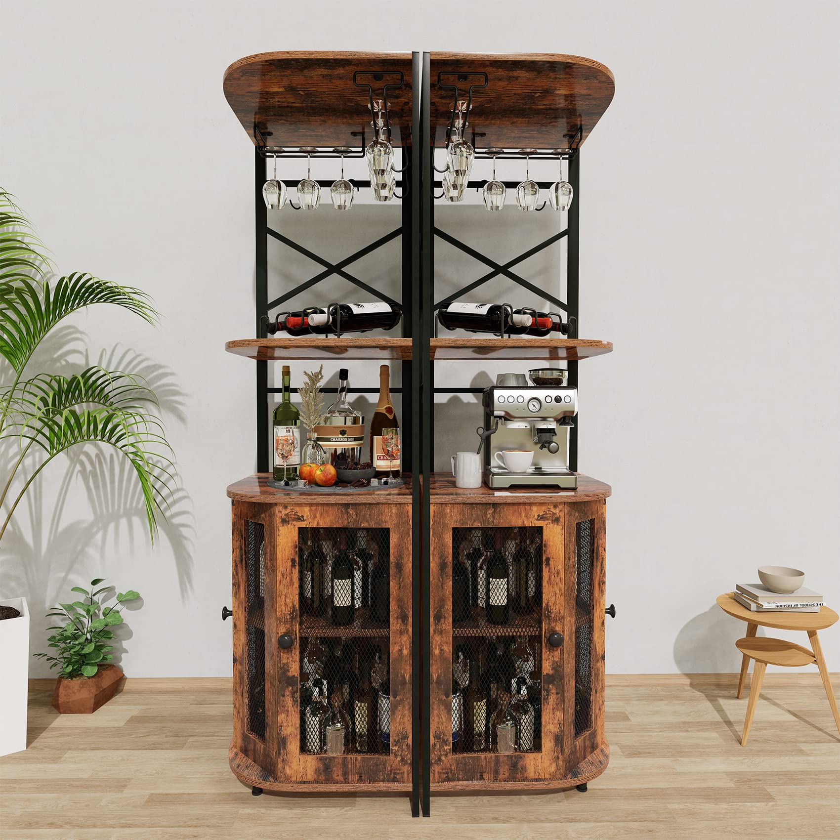 Osfvolr Bar Cabinet w/Wine Rack and Glass Holder, Corner Cabinet with Mesh Door, Corner Bar Cabinet with Adjustable Shelf, Liquor Cabinet Bar for Home, Rustic Brown