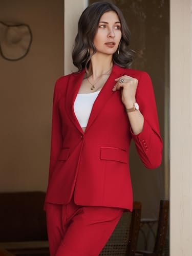 Kelyaa Women's 2 Piece Business Office Suit Lady Peaked Lapel Slim Fit One Button Blazer Jacket and Pants Set Red