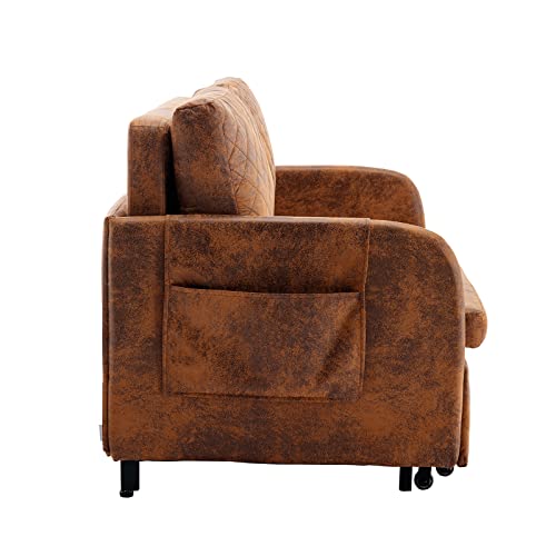 VKKILPEE Modern Pull Out Sofa Bed Convertible Couch Bed Sofa Sleeper with 2 Pillows & Side Pockets Microfiber Small Full Bed Loveseat Futon Couch Sleeper with Headboard, Easy Assembly, Coffee