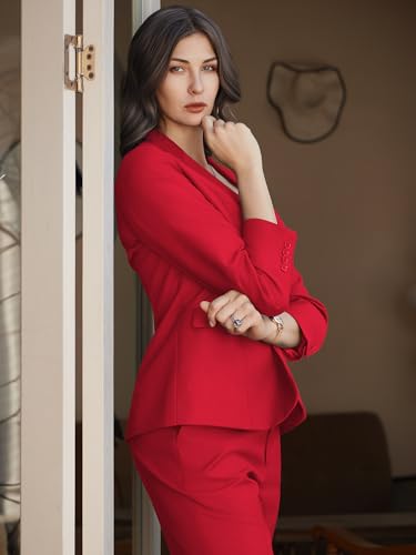 Kelyaa Women's 2 Piece Business Office Suit Lady Peaked Lapel Slim Fit One Button Blazer Jacket and Pants Set Red